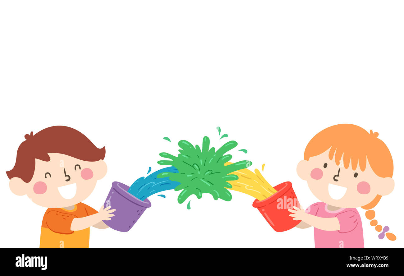 Illustration of Kids Each Throwing a Pail Full of Paint, with Yellow ...