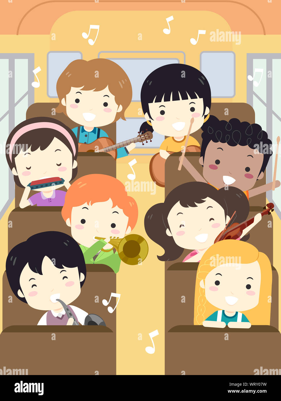 Illustration of Kids Singing and Playing Musical Instrument Riding ...