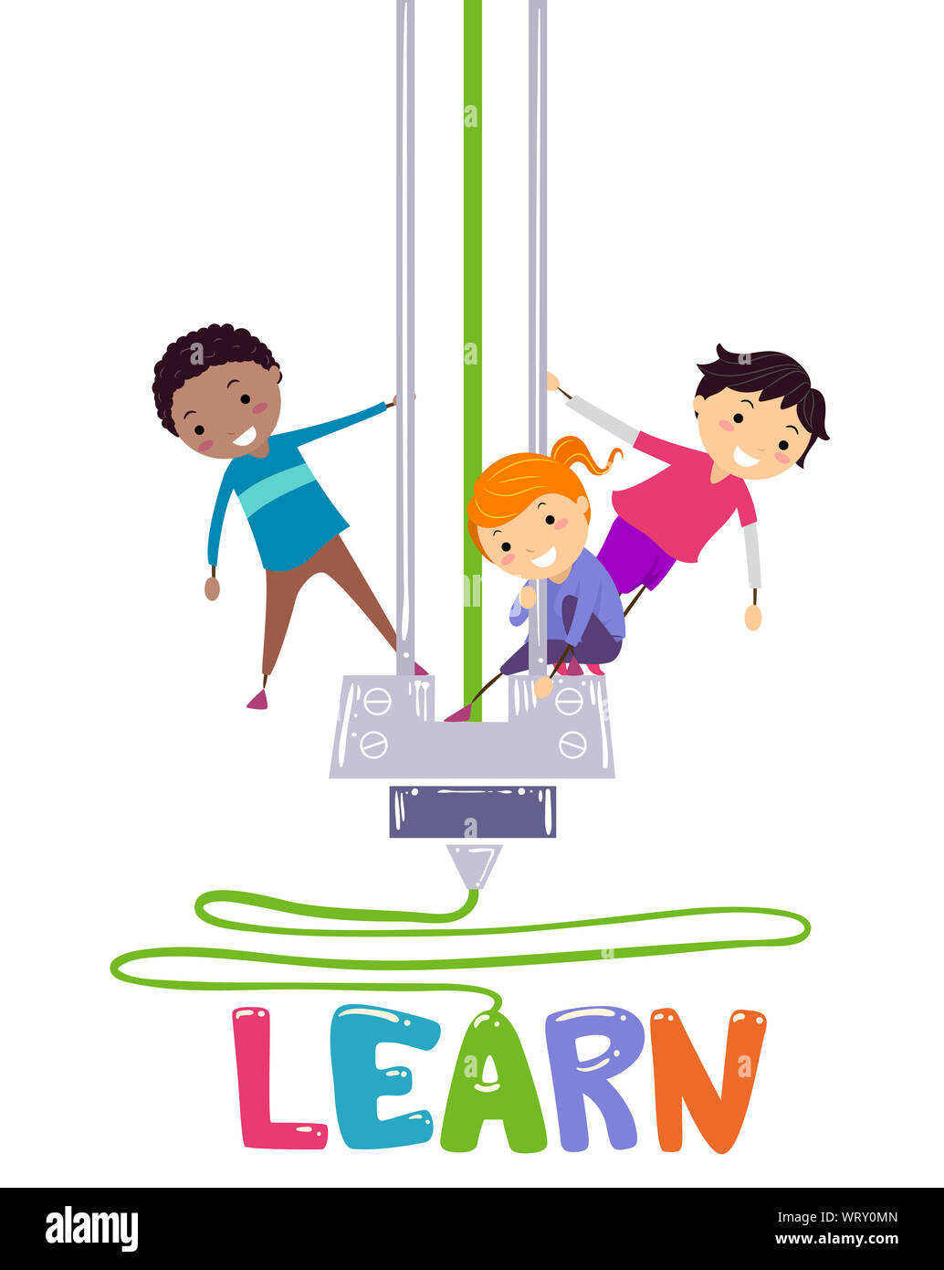 Illustration of Stickman Kids Riding a 3D Printing, Learning About 3D ...