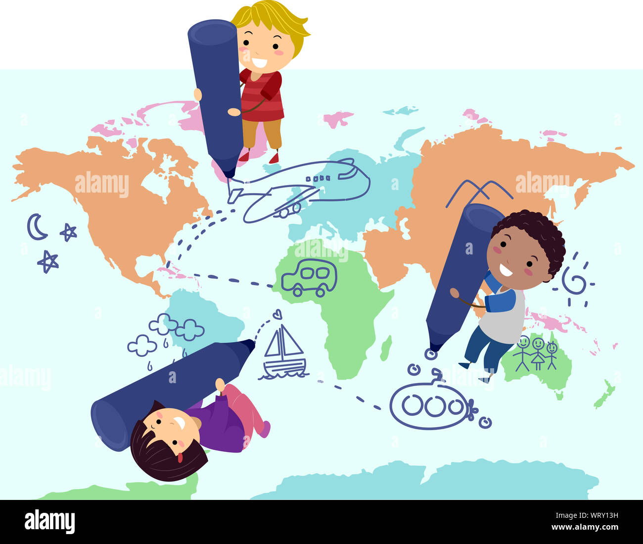 Illustration of Stickman Kids Writing Doodle Routes on World Map Stock ...