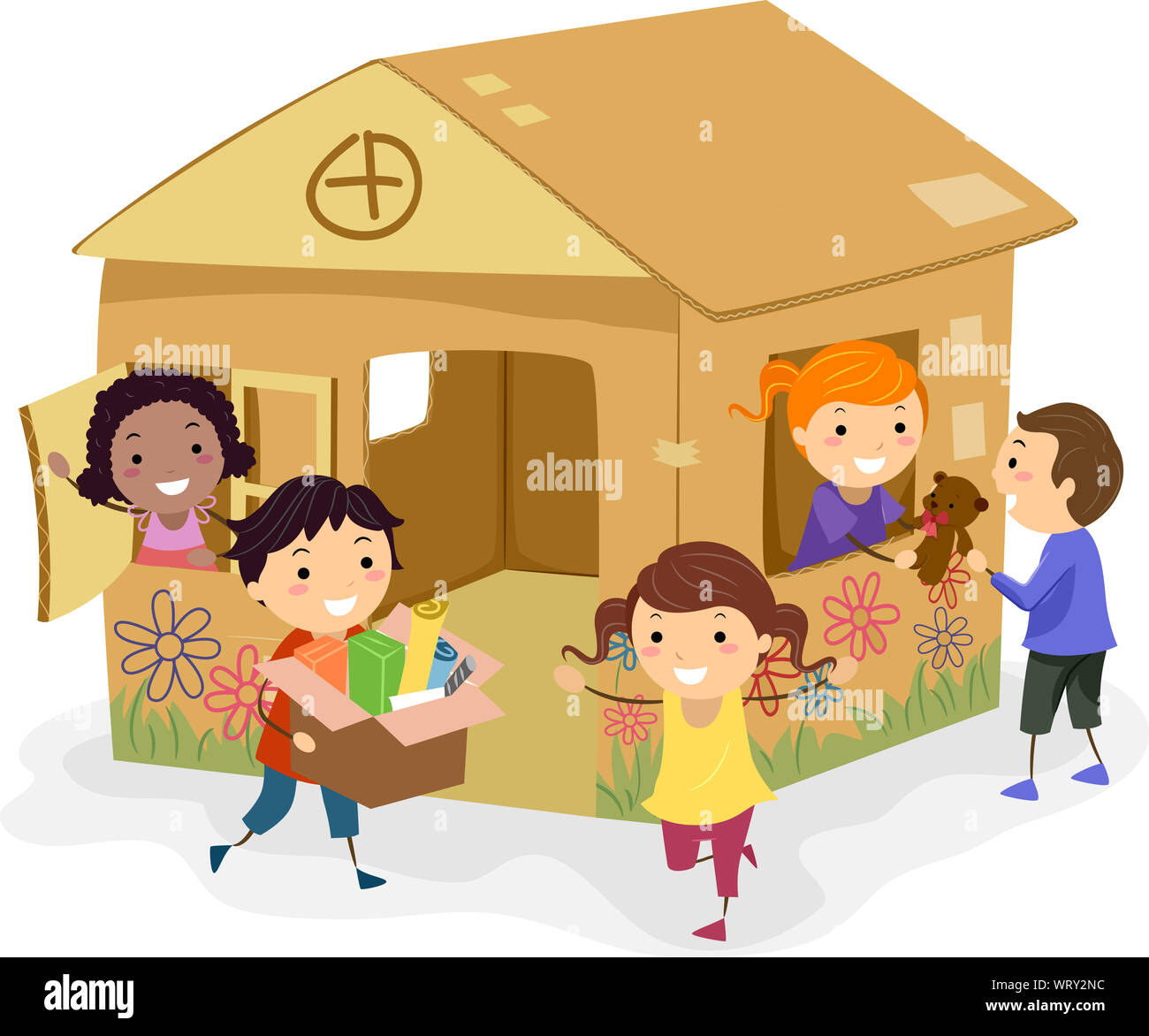 Illustration of Stickman Kids Playing Inside a Cardboard House Stock ...