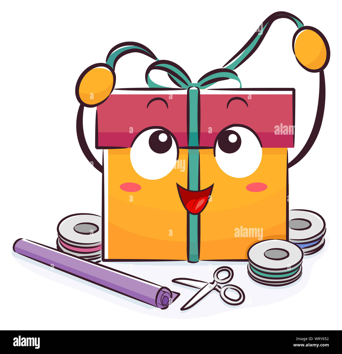 Illustration of a Gift Mascot Tying Its Ribbon for Gift Giving Stock ...