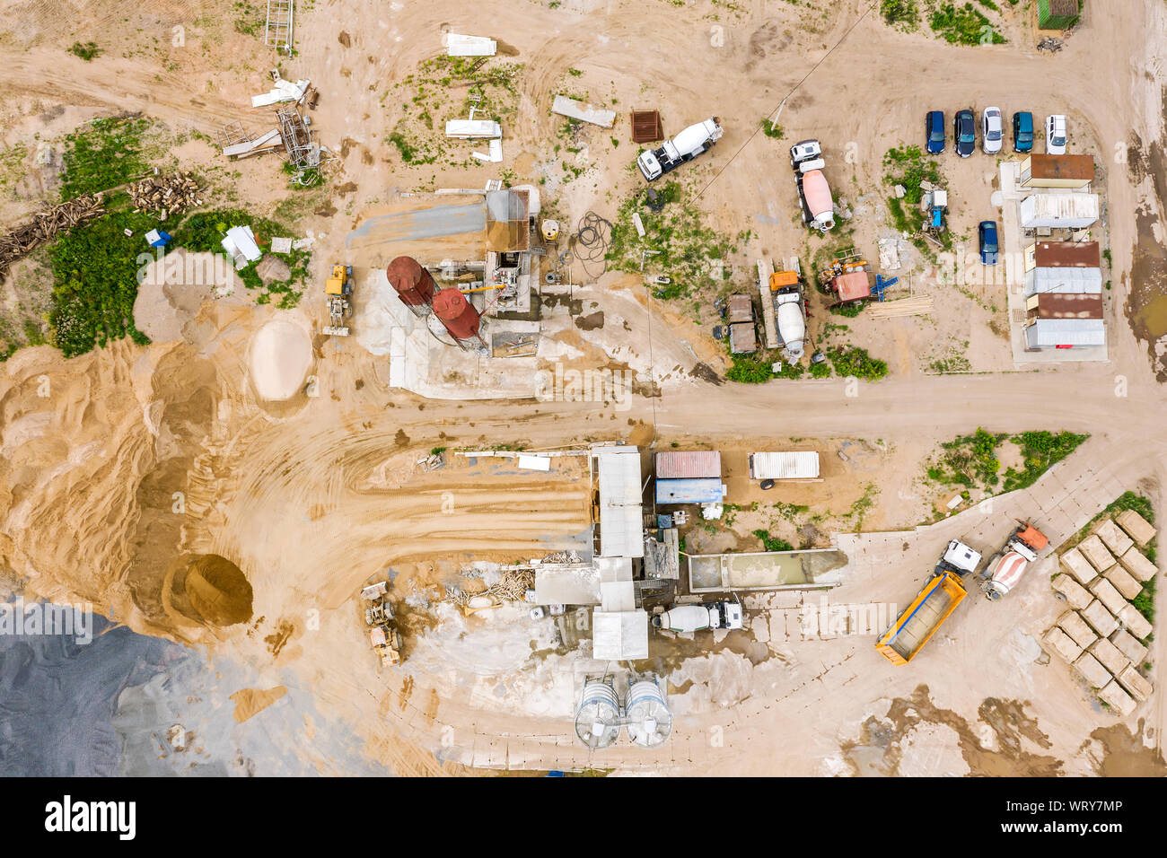 aerial top view of mix concrete production plant with working ...