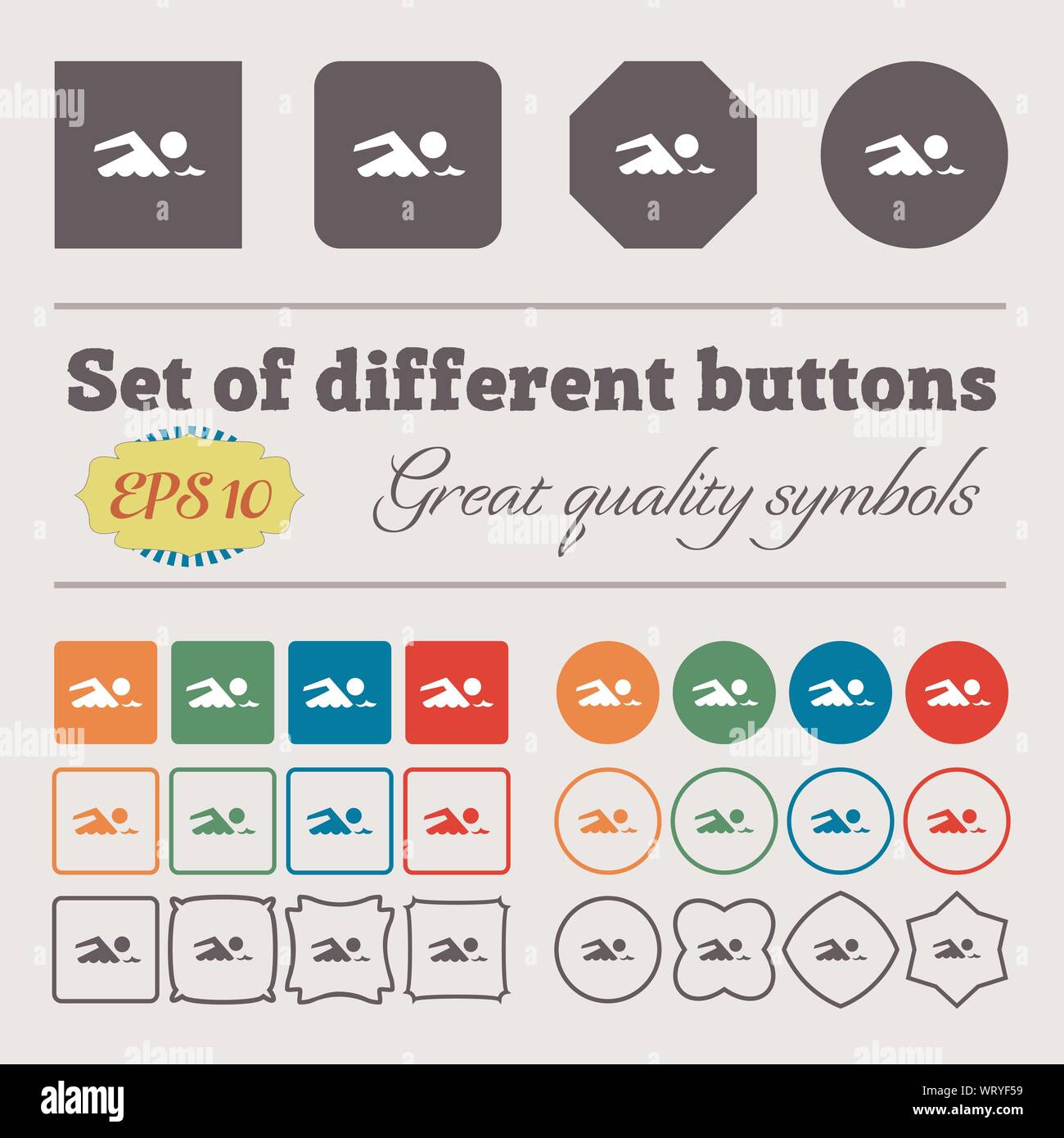 Swimming sign icon. Pool swim symbol. Sea wave. Big set of colorful ...