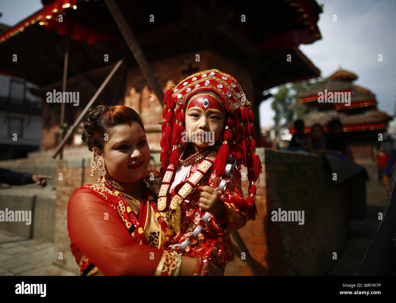 Kathmandu, Nepal. 11th Sep, 2019. A girl adorned as a Living Goddess ...