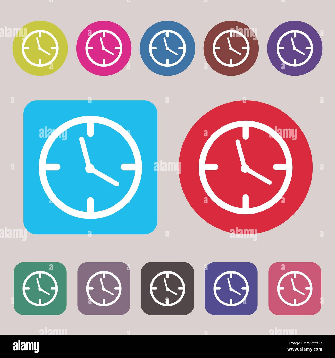 Clock time sign icon. Mechanical watch symbol. 12 colored buttons. Flat ...