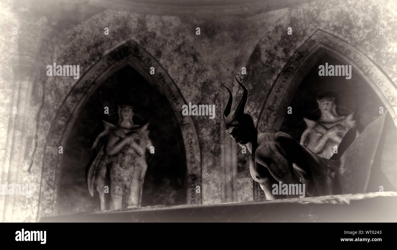 Fallen angel satan in a dark crypt - 3d rendering Stock Photo - Alamy