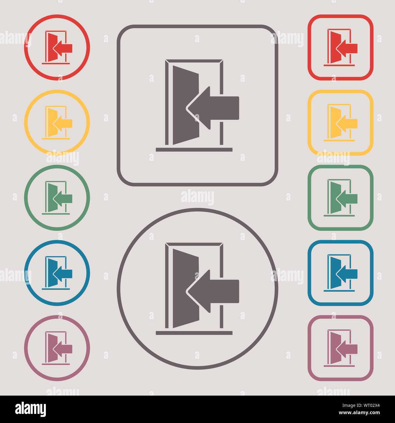 Door, Enter or exit icon sign. Symbols on the Round and square buttons ...