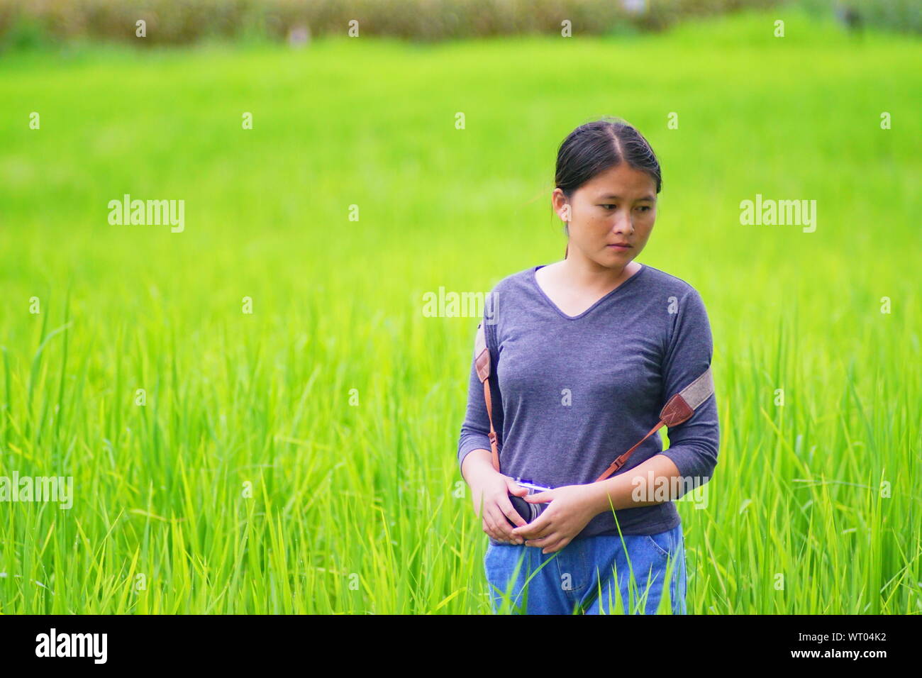 Portrait of a woman walking in a rice field photo Stock Photo - Alamy