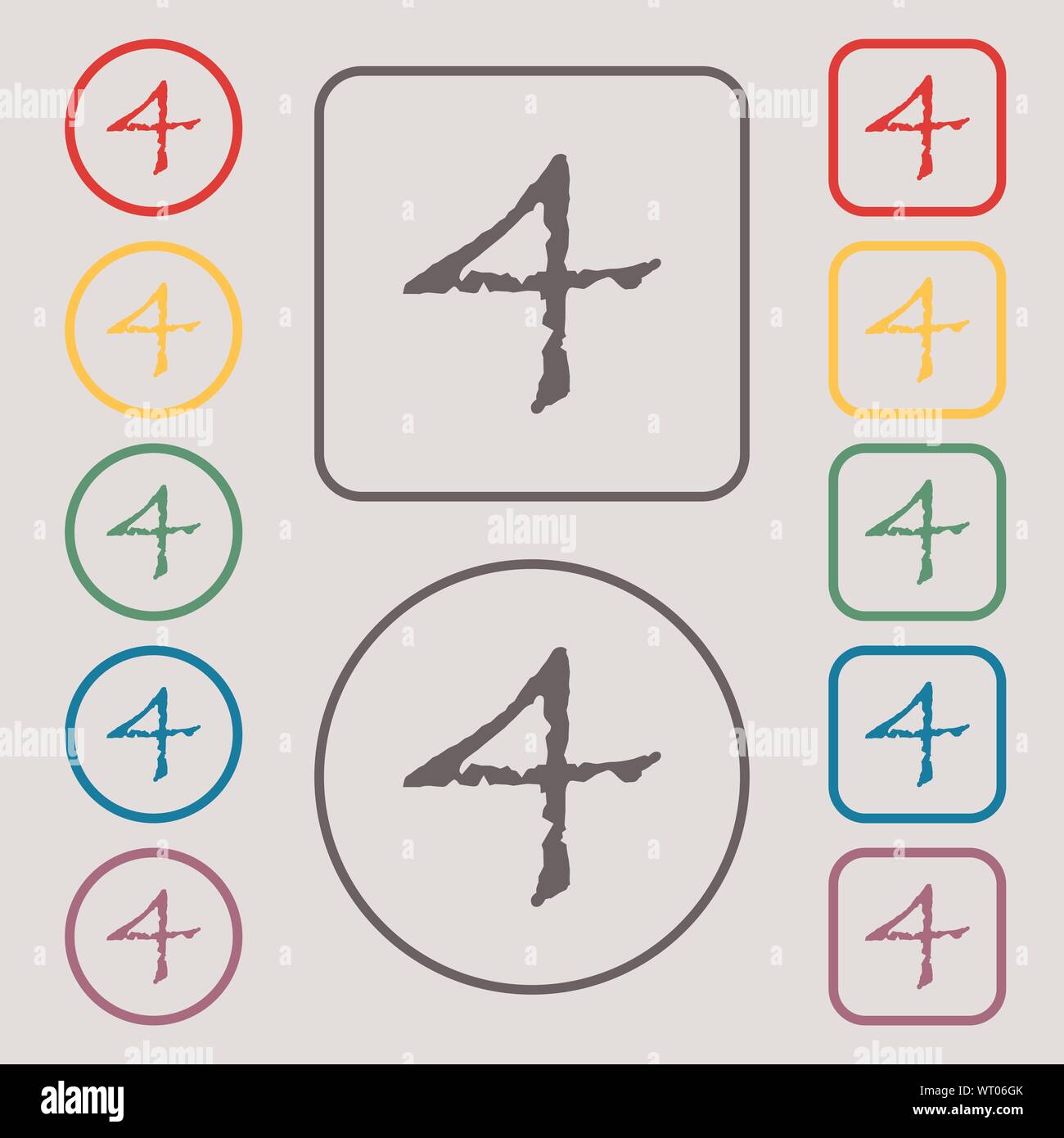 number four icon sign. Symbols on the Round and square buttons with ...