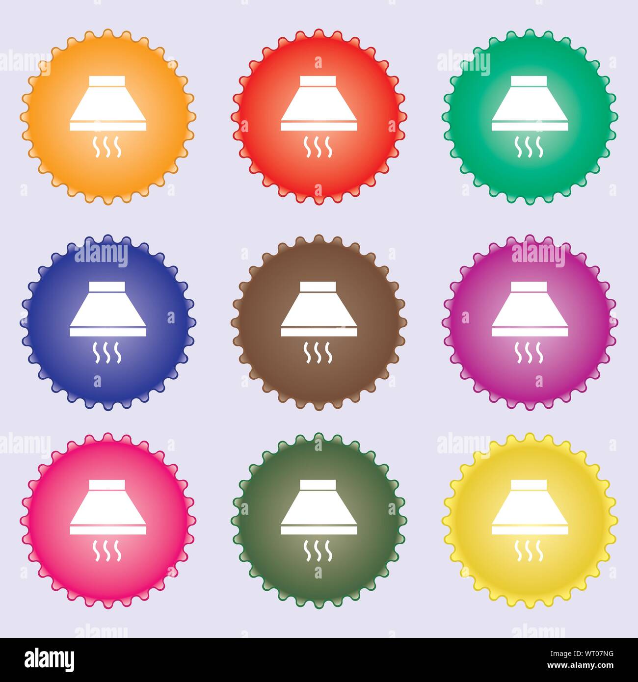 Kitchen hood icon sign. A set of nine different colored labels. Vector ...