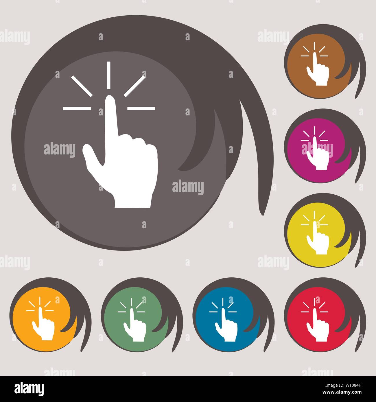 Click here hand icon sign. Symbols on eight colored buttons. Vector ...