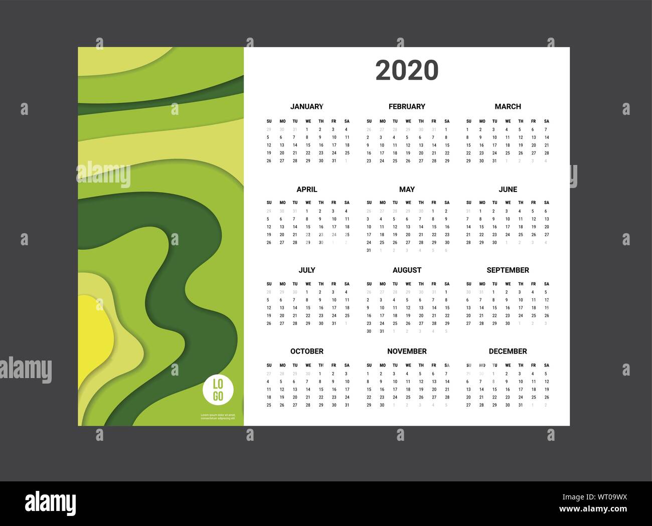 2020 Calendar - illustration. Template. Mock up Week starts Sunday ...