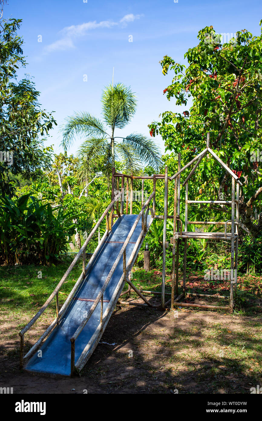 Vintage Sliders in the park, Old Children kid playground, light ...