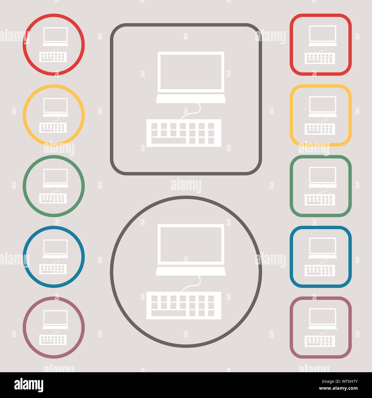 Computer monitor and keyboard Icon. Symbols on the Round and square ...