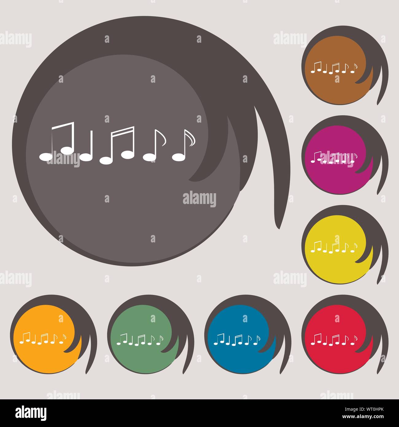 Music note sign icon. Musical symbol. Symbols on eight colored buttons ...