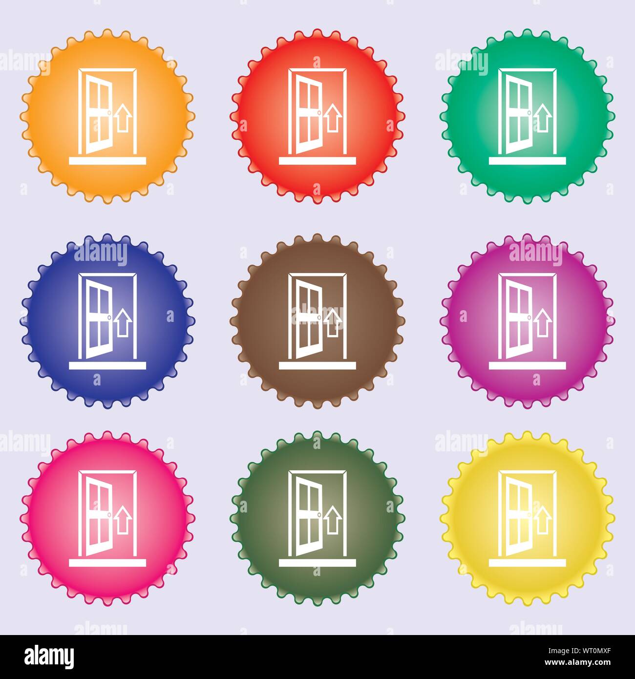 Door, Enter or exit icon sign. A set of nine different colored labels ...