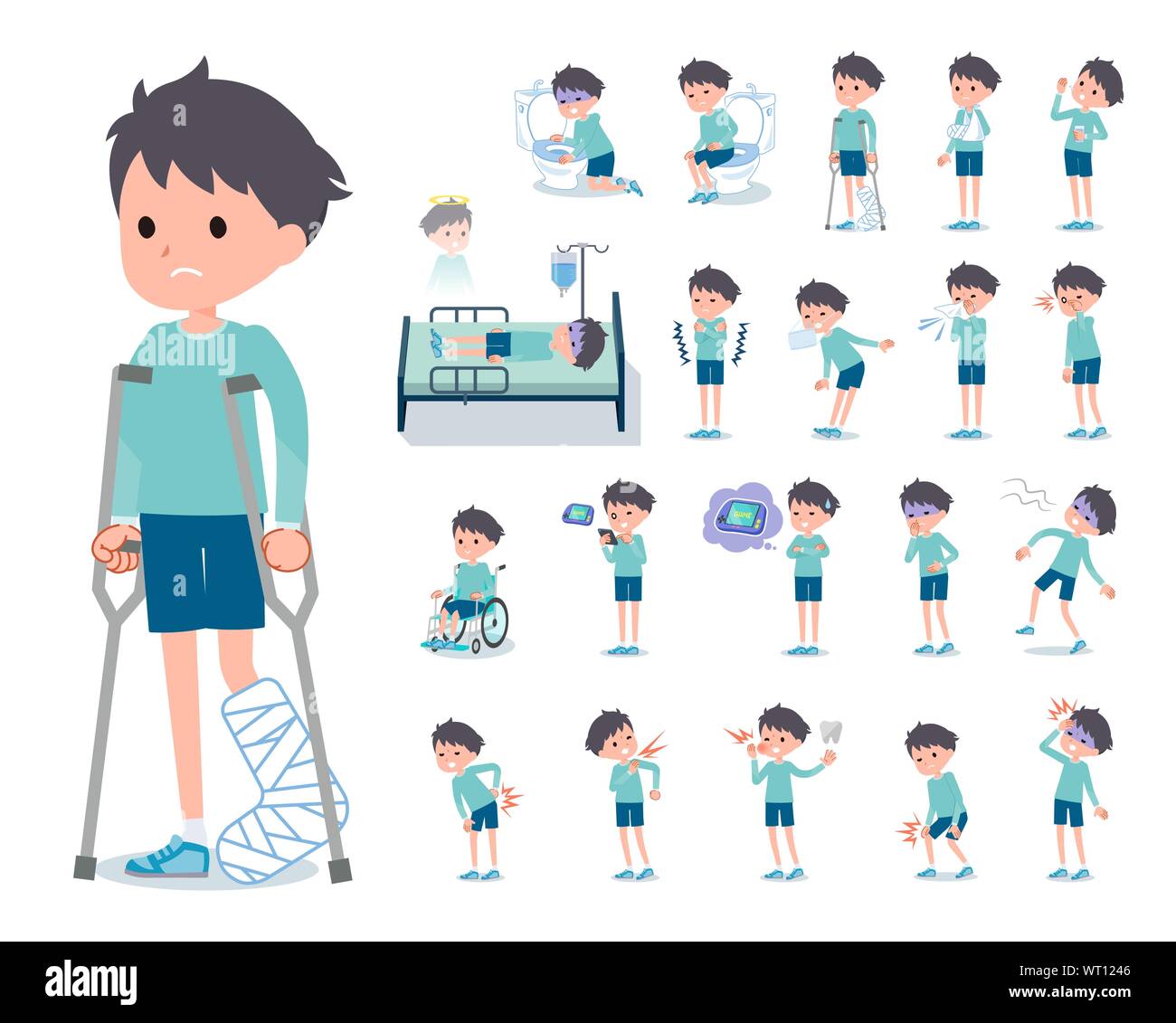 A set of boy with injury and illness.There are actions that express ...