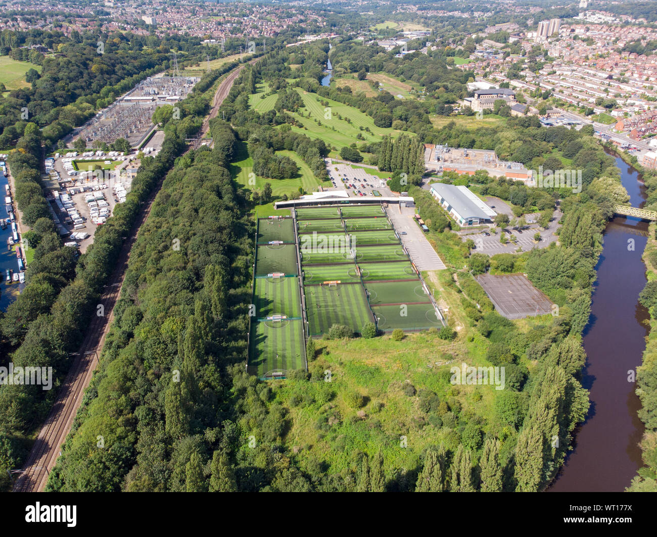 Aerial photo of football pitched taken the town of Armley located in ...