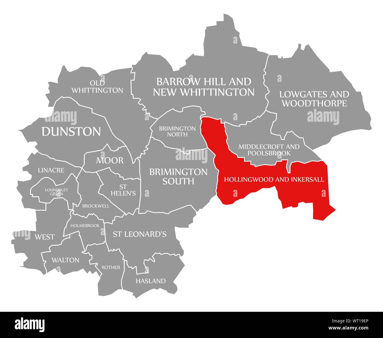 Hollingwood and Inkersall red highlighted in map of Chesterfield ...