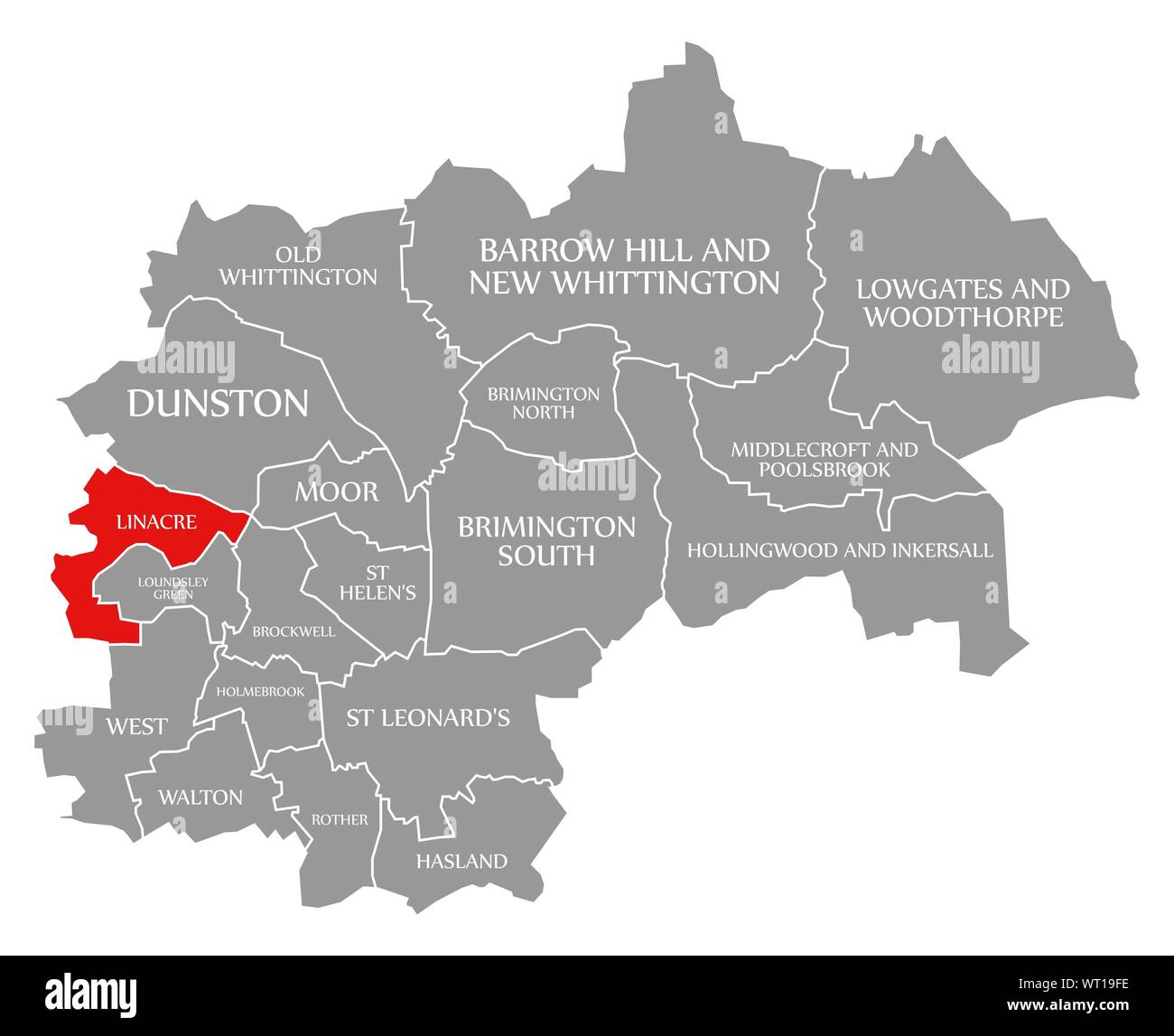 Linacre red highlighted in map of Chesterfield district in East ...