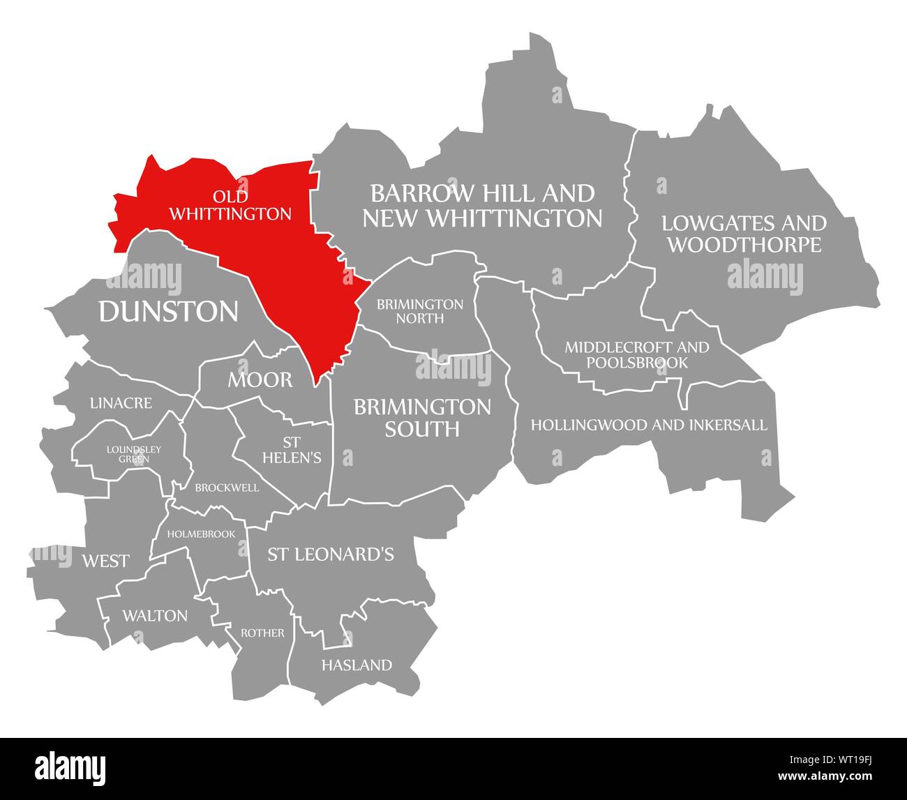 Old Whittington red highlighted in map of Chesterfield district in East ...