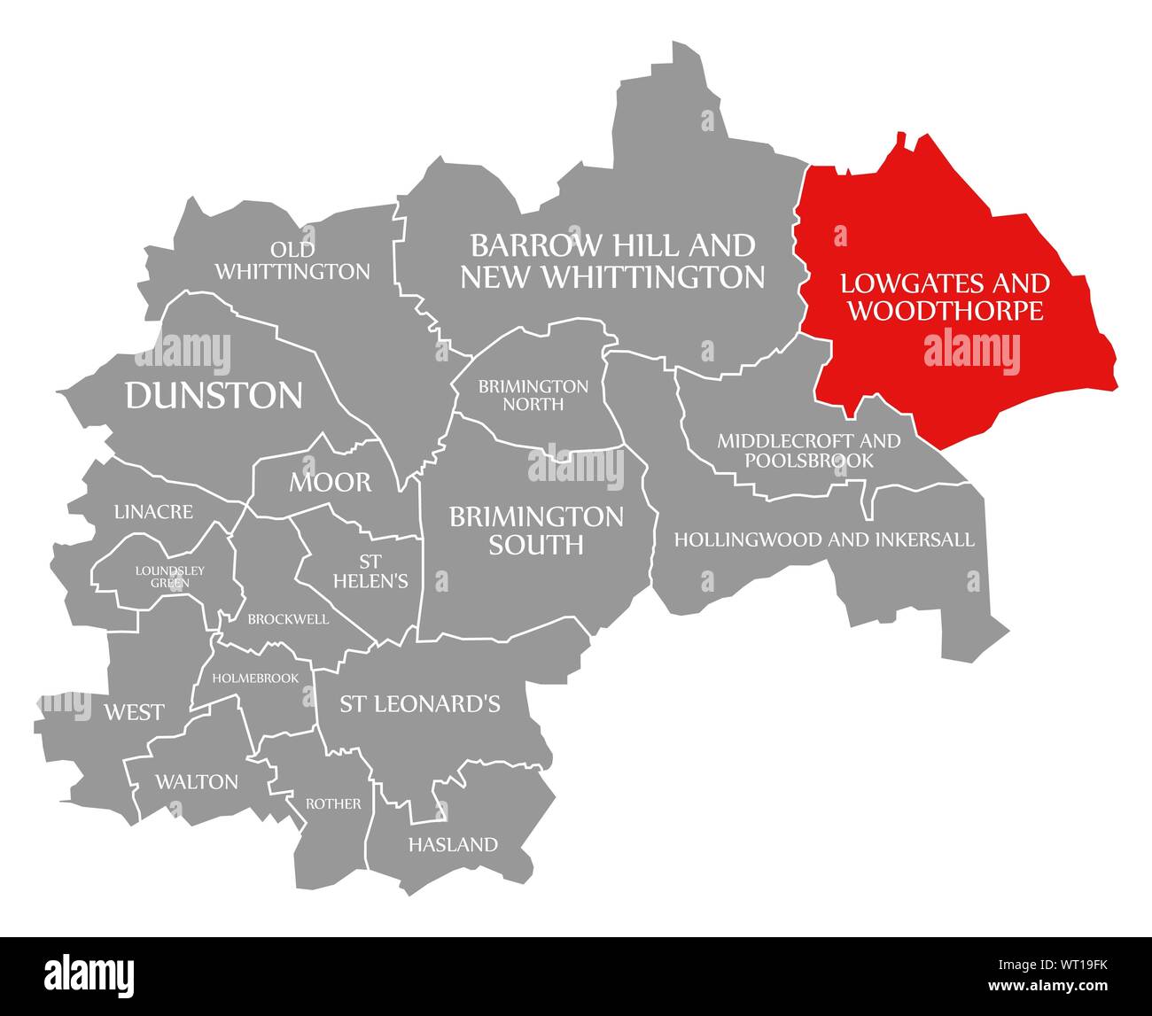 Lowgates and Woodthorpe red highlighted in map of Chesterfield district ...
