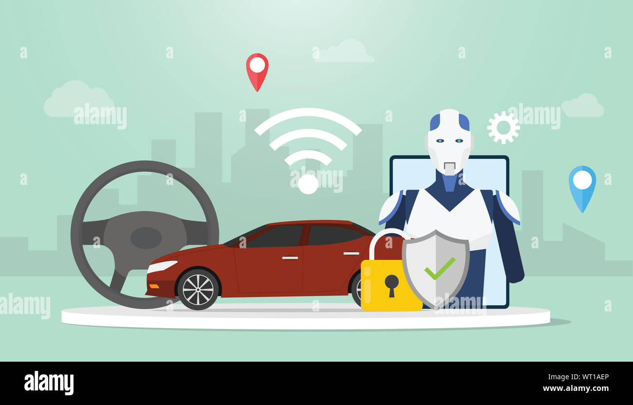 autonomous self driving car technology concept with cars and icon wifi ...