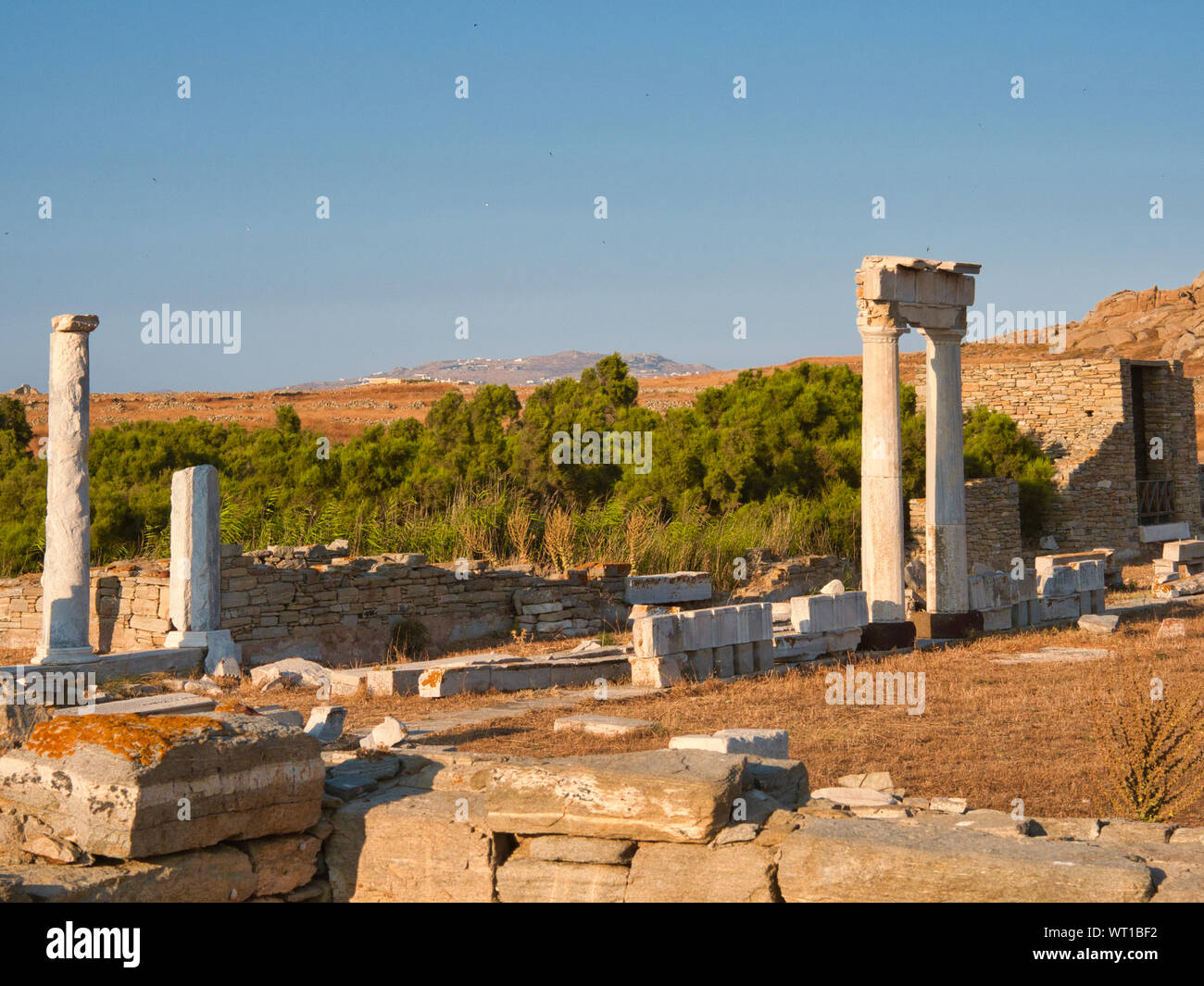 Abandoned stone ruins of antique building with columns withered grass ...