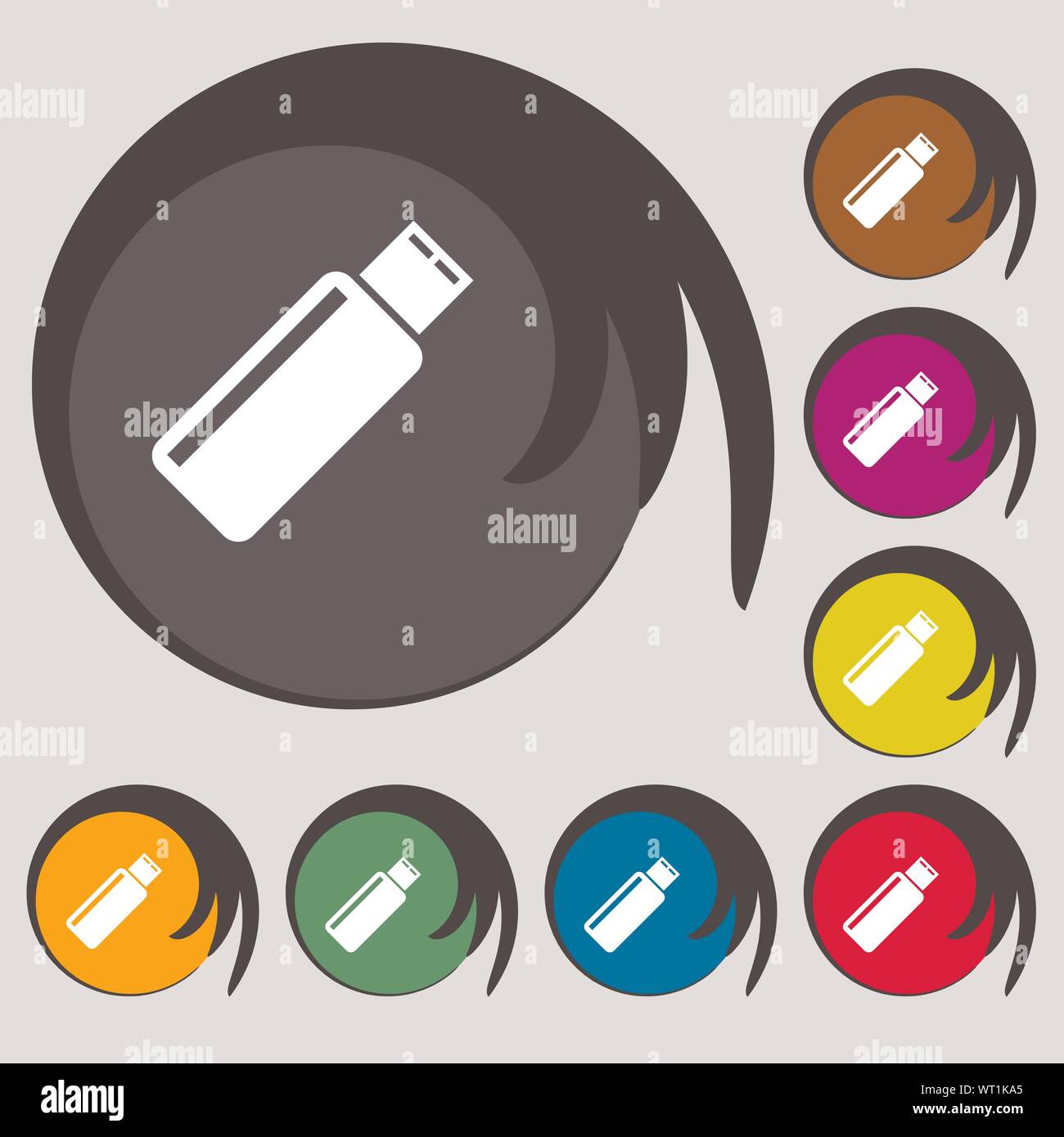 Usb sign icon. flash drive stick symbol. Symbols on eight colored ...
