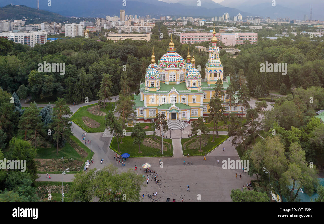 Drone footage of the Ascension Cathedral in Almaty, Kazakhstan, a ...