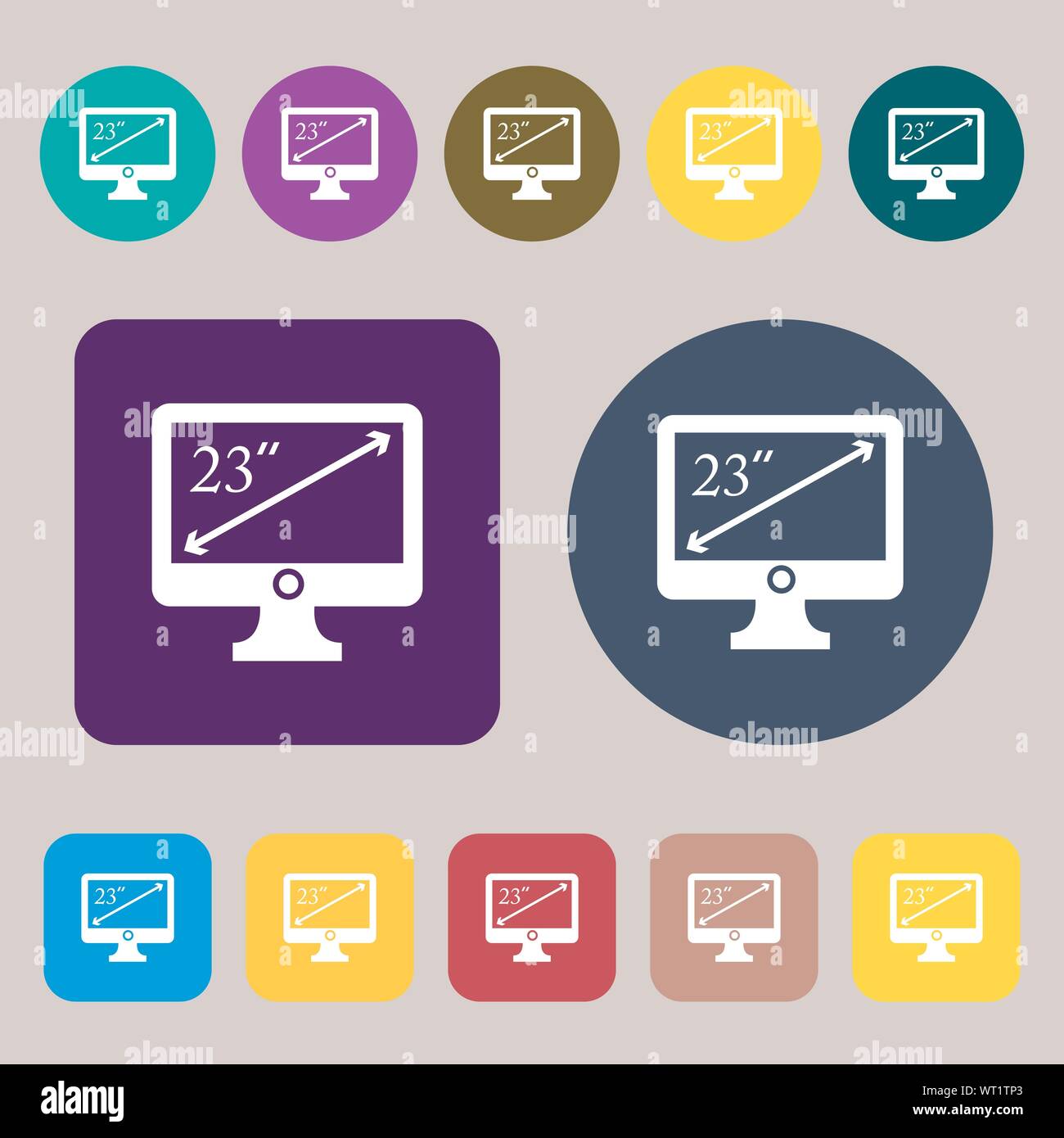 diagonal of the monitor 23 inches icon sign. 12 colored buttons. Flat ...