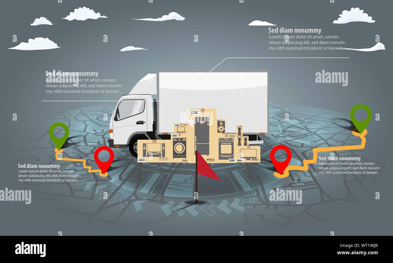 Cargo delivery truck infographic with stack of cardboard boxes ...