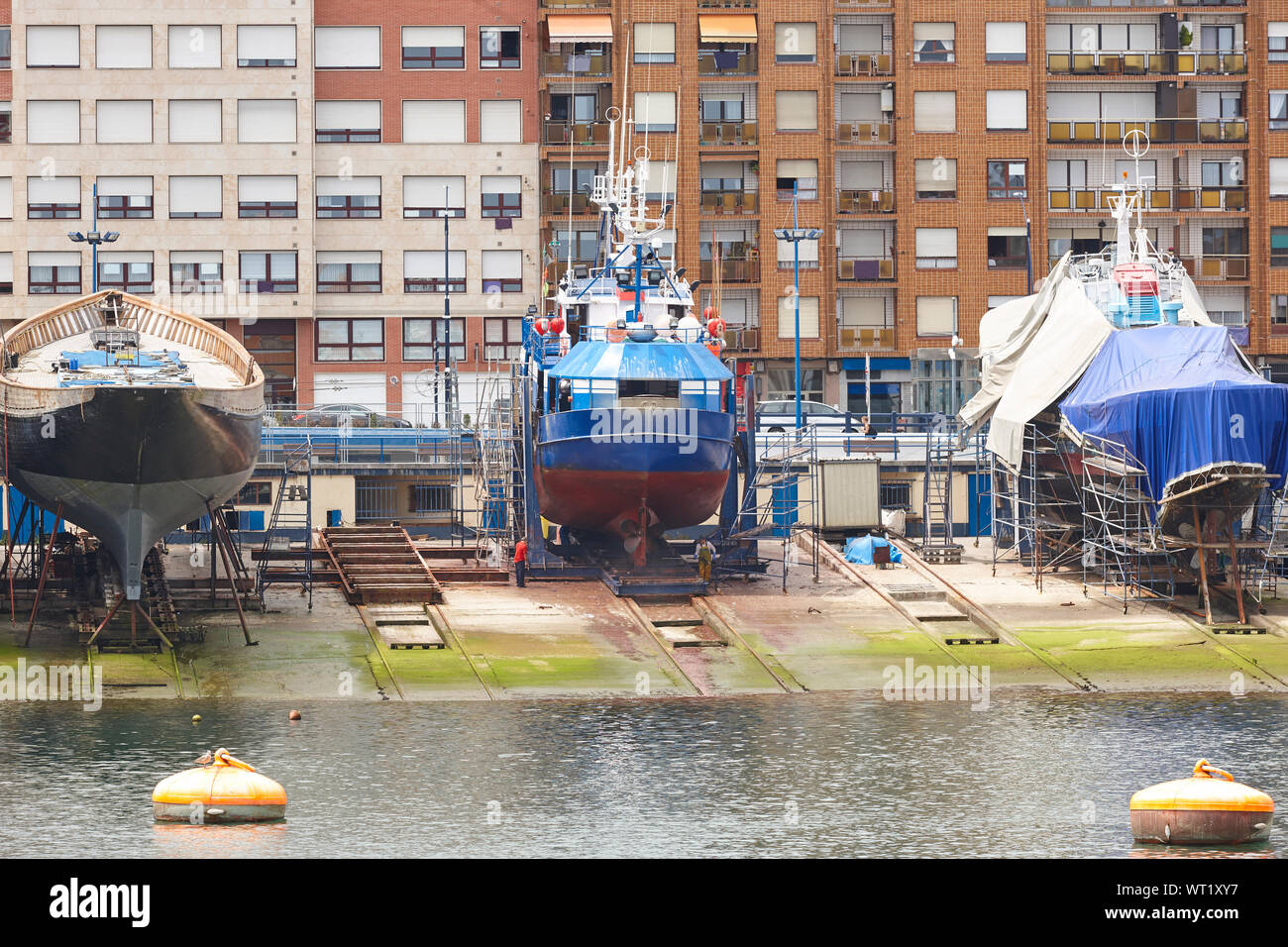 Traditional shipbuilding harbor with ships in Bermeo. Basque country ...