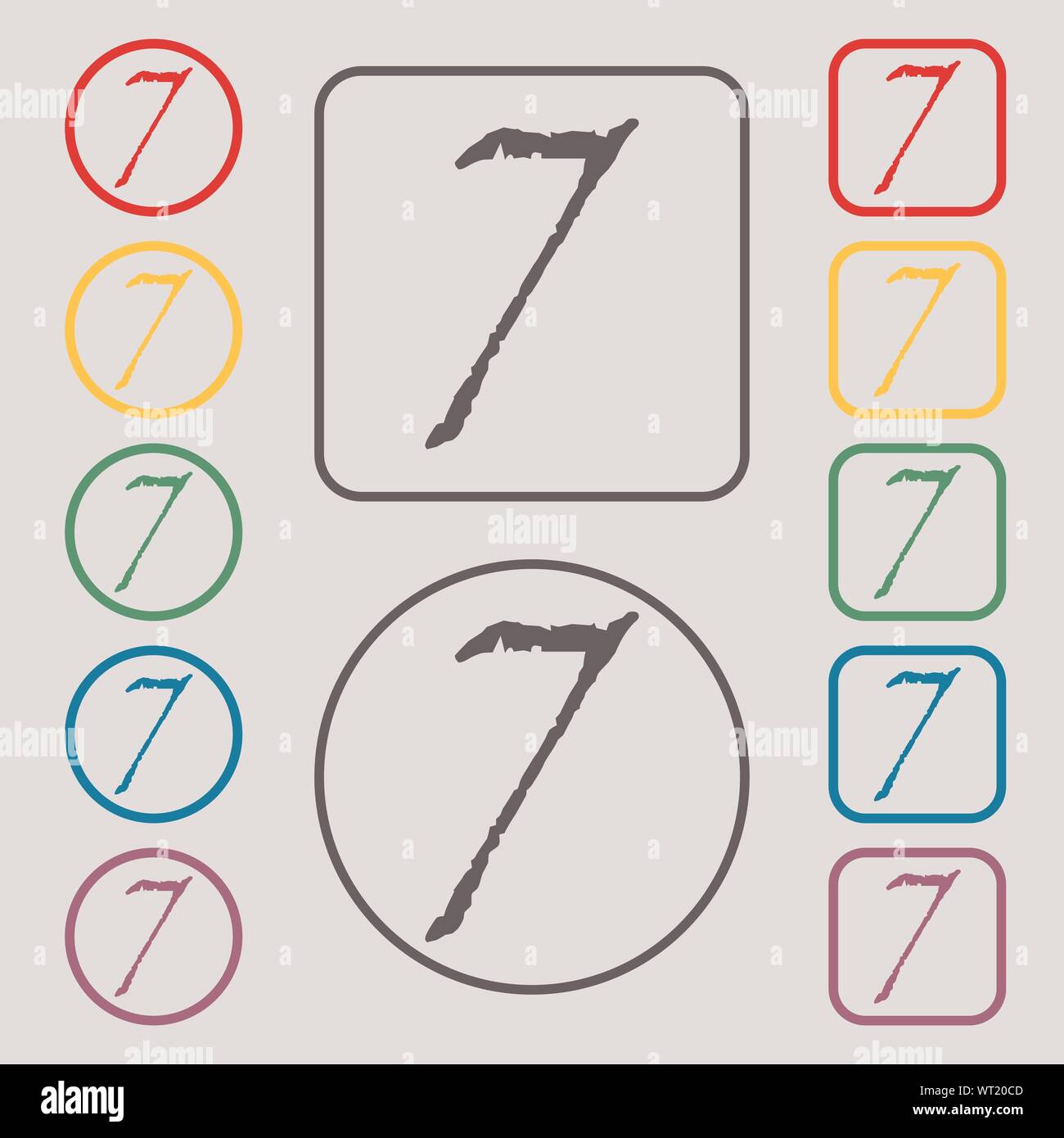number seven icon sign. Symbols on the Round and square buttons with ...