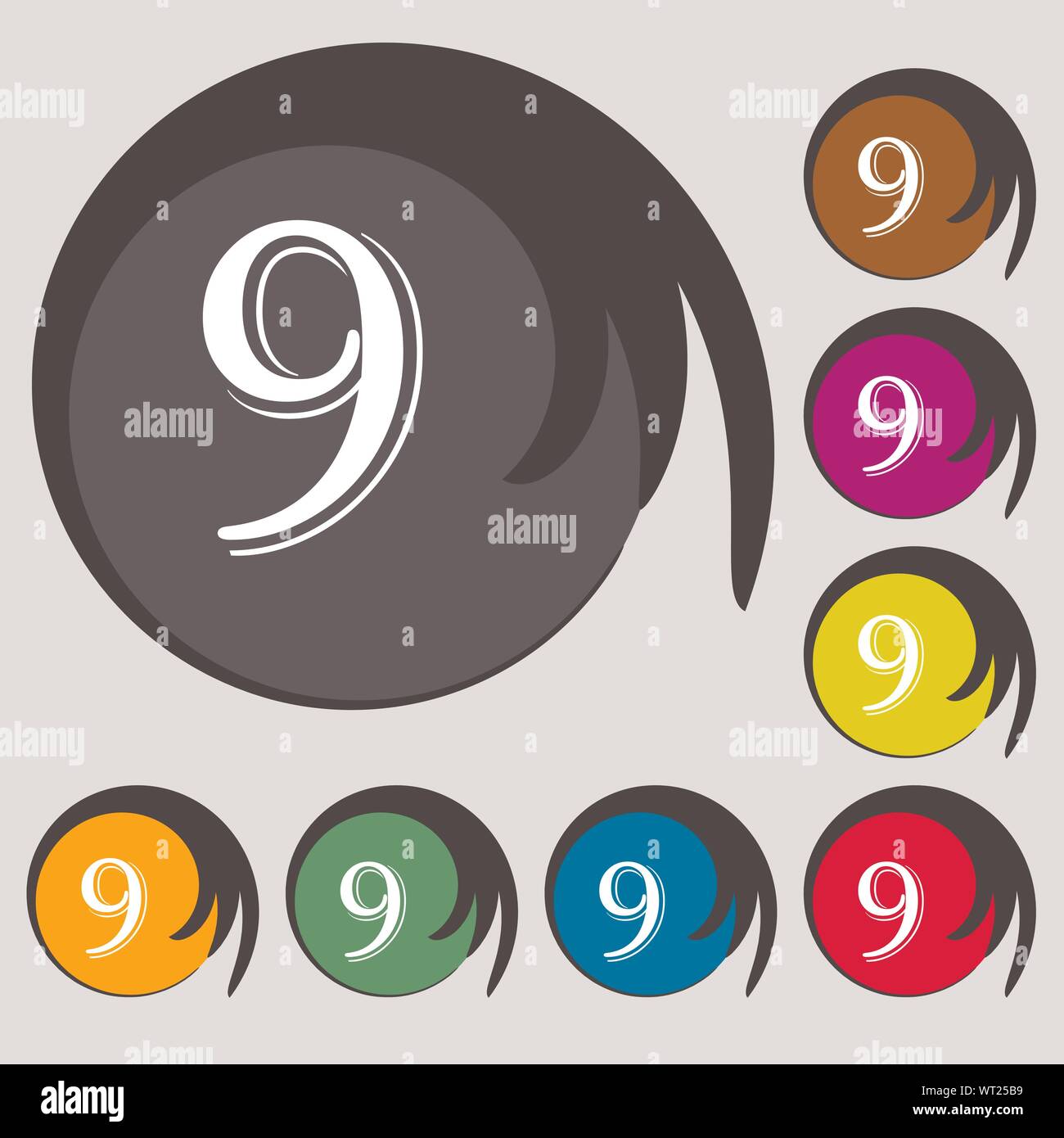 number Nine icon sign. Symbols on eight colored buttons. Vector Stock ...