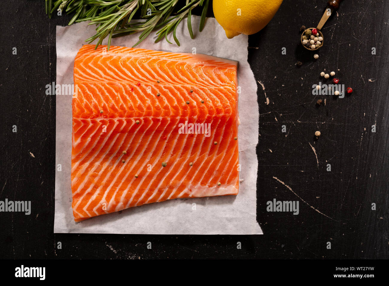 Salmon fish fillet top view, food Stock Photo - Alamy