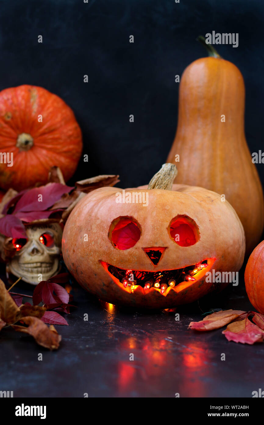 Halloween Creative composition with a skull and a Scary pumpkin on dark ...