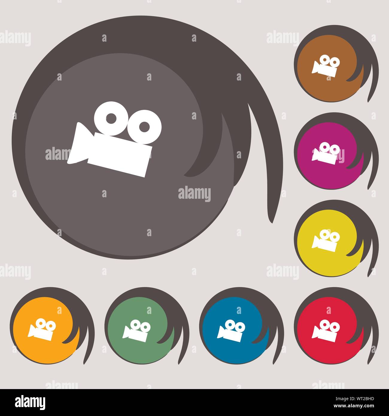Video camera sign icon. content button. Symbols on eight colored ...