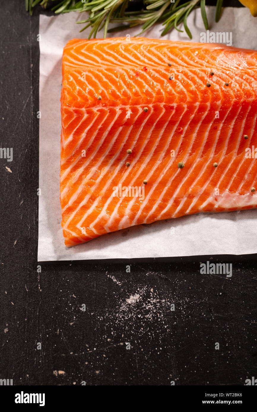Salmon fish fillet and spice top view, food Stock Photo - Alamy