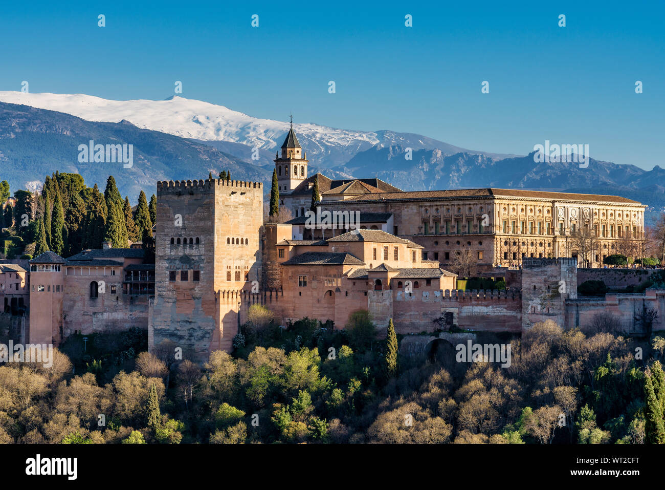 View of Alhambra Palace in Granada, Spain with Sierra Nevada mountains ...