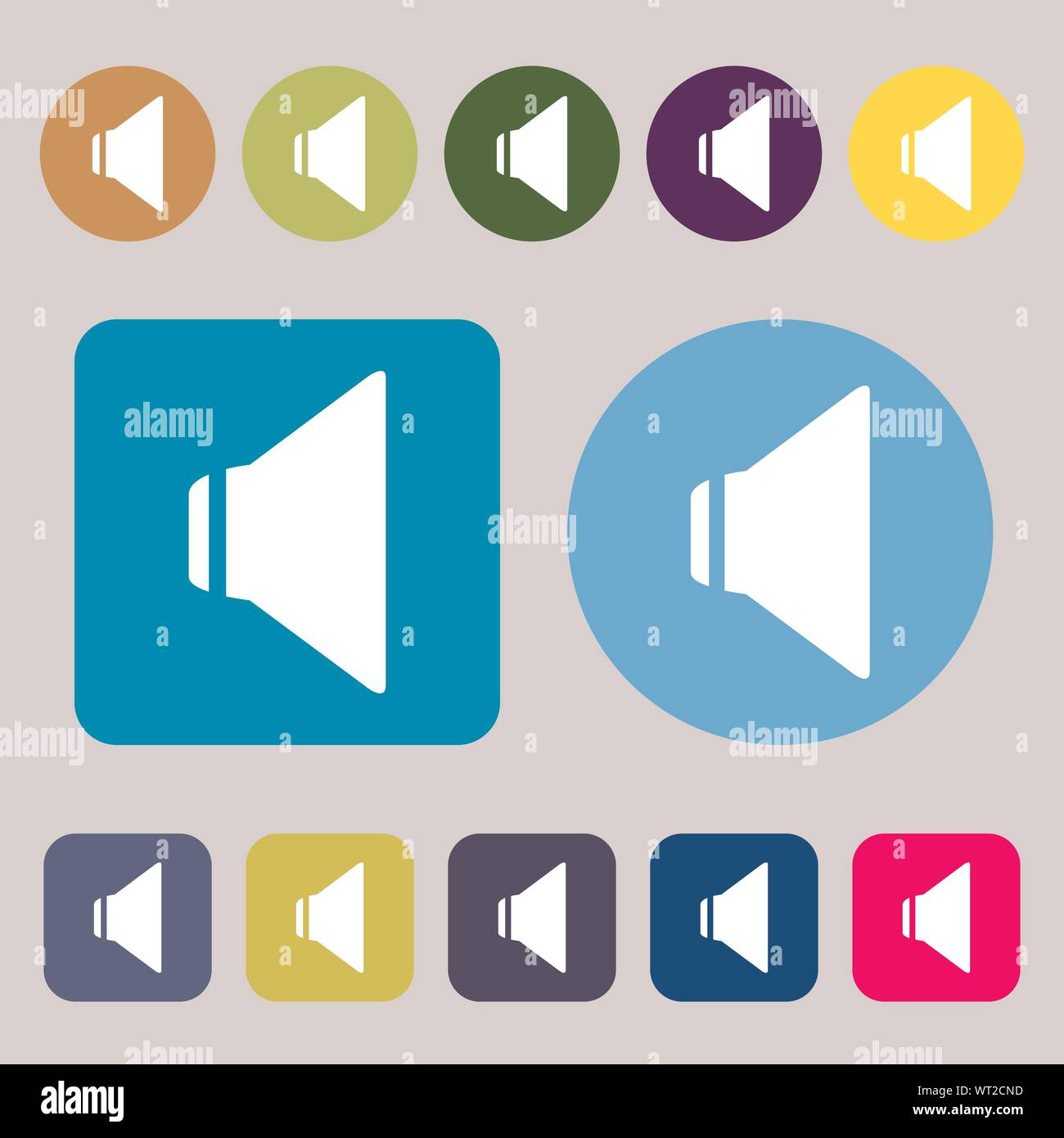 Speaker volume sign icon. Sound symbol. 12 colored buttons. Flat design ...