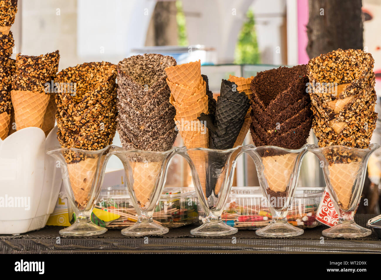 Ice cream cones on an ice cream stall in Alacati, Turkey Stock Photo ...