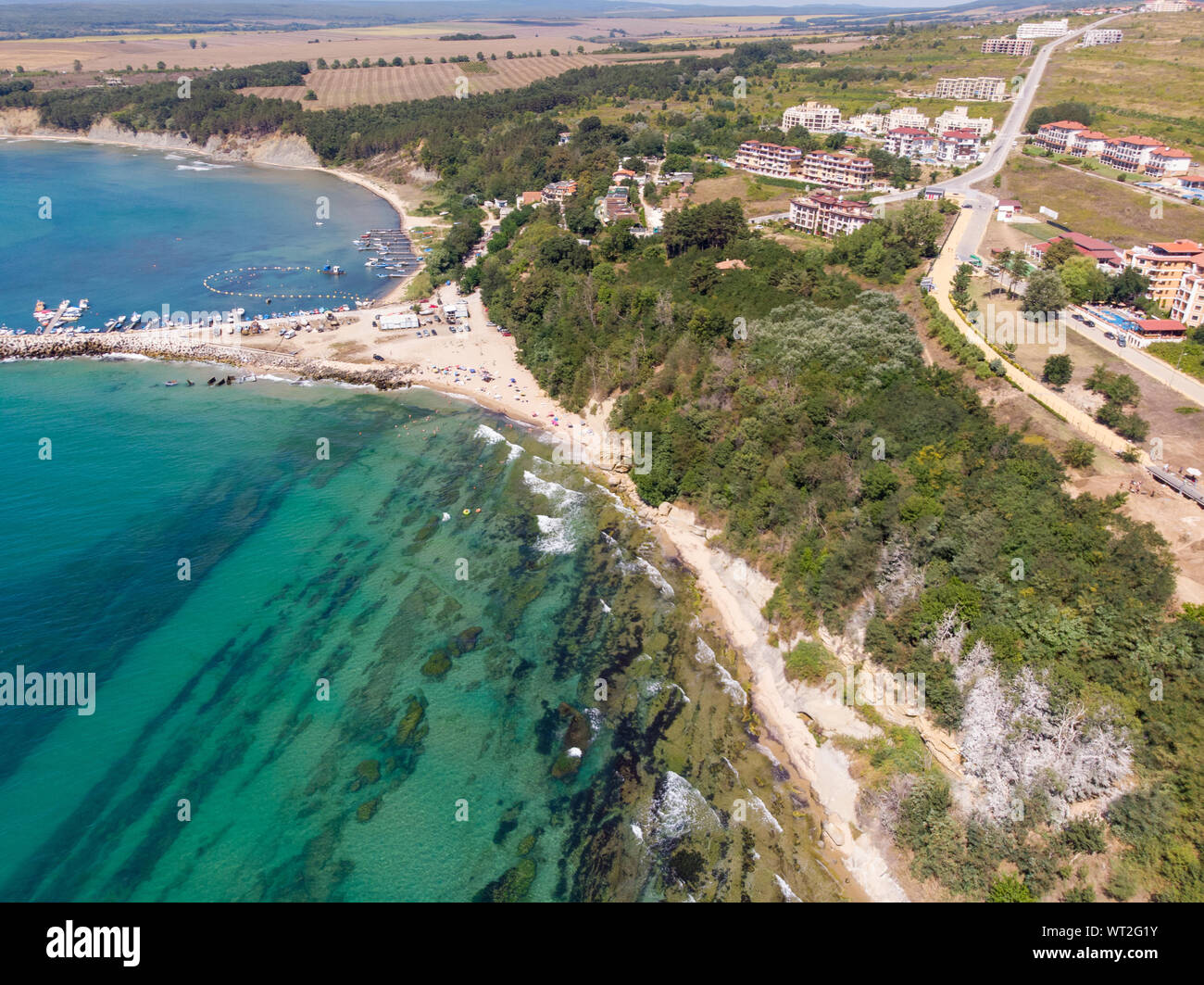 Aerial photo of the beautiful small town and seaside resort of Obzor in ...