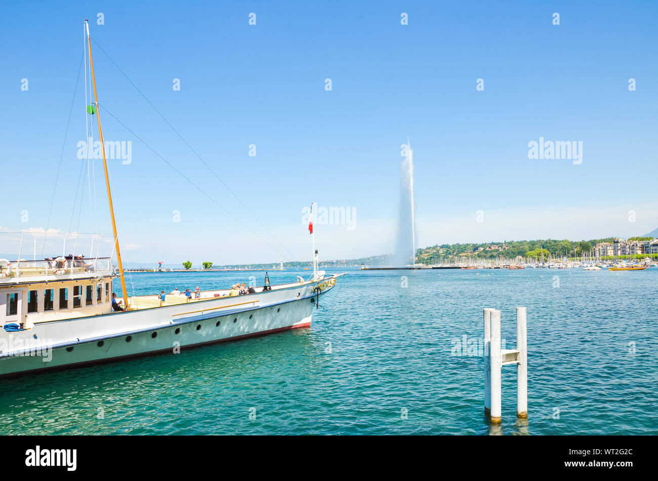 Geneva, Switzerland - July 17, 2019: Jet d'Eau, a famous water fountain ...