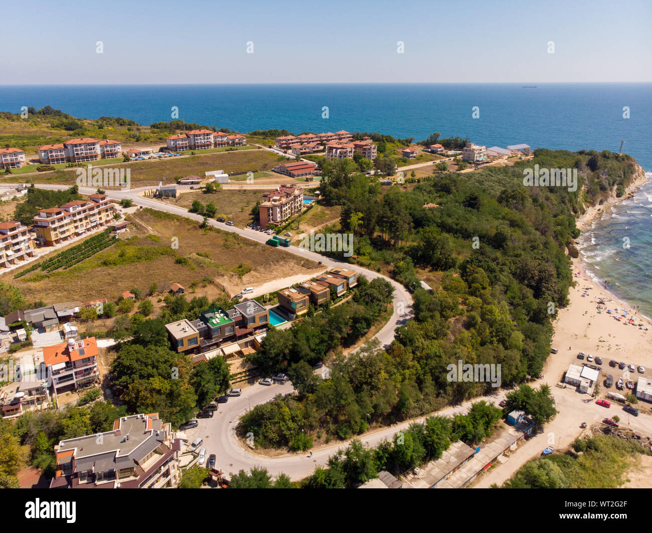 Aerial photo of the beautiful small town and seaside resort of Obzor in Bulgaria showing the ...