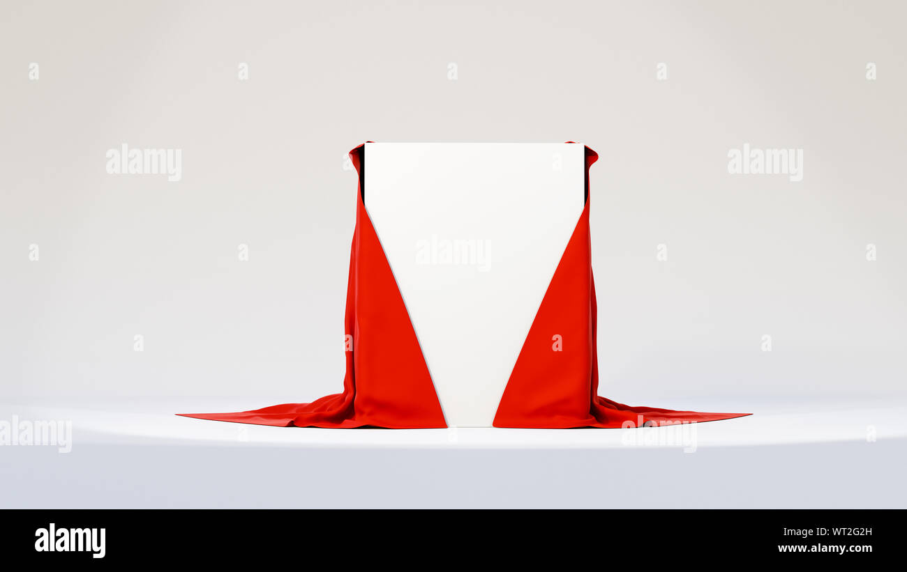 Box covered with red cloth. 3D rendering studio. White background Stock ...