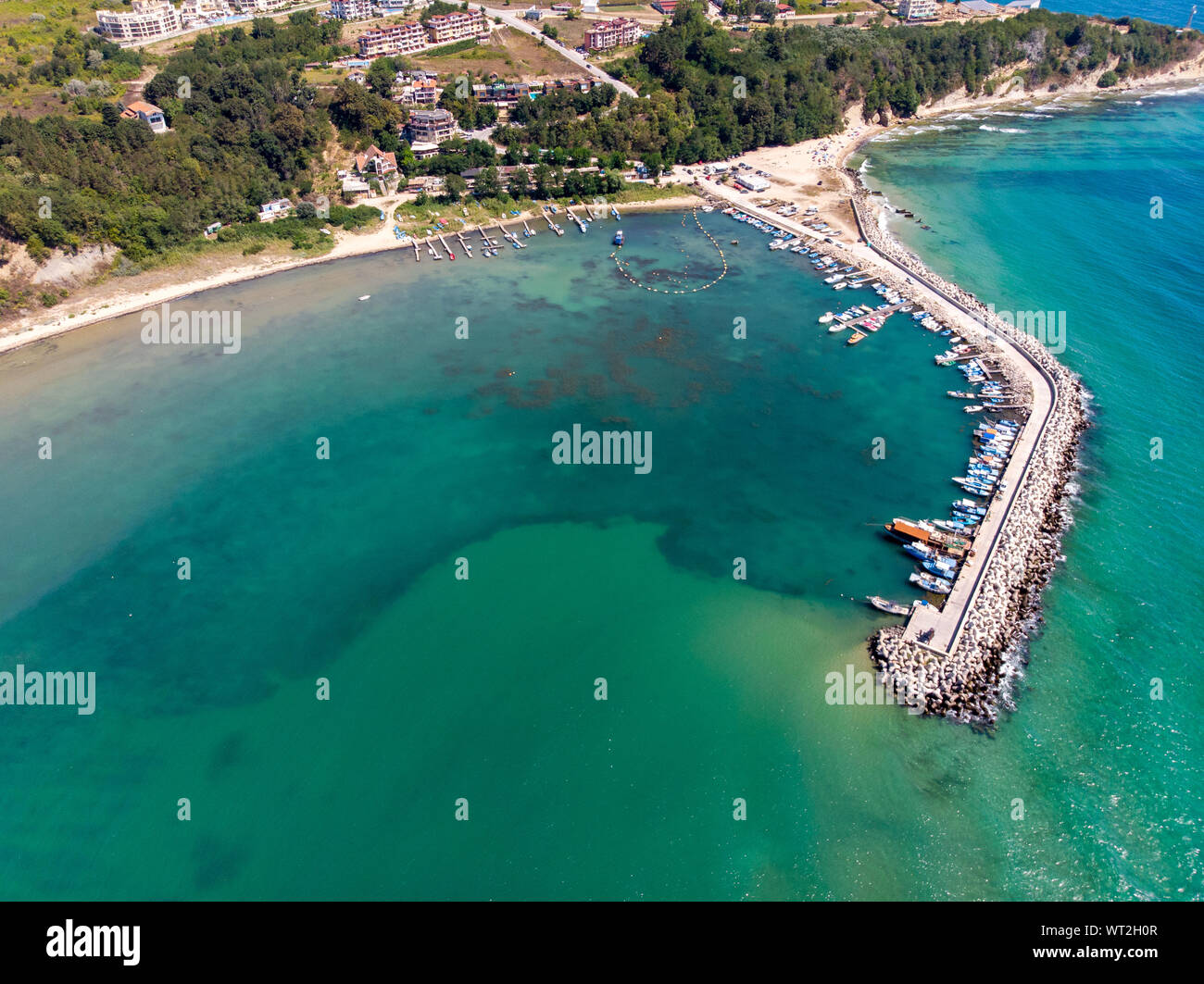 Aerial photo of the beautiful small town and seaside resort of Obzor in Bulgaria showing the ...