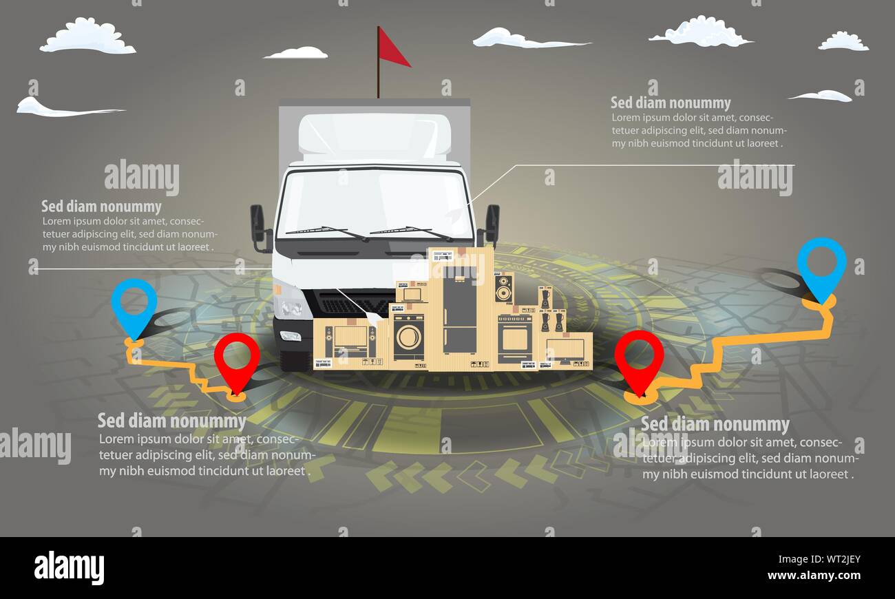 Cargo delivery truck infographic with stack of cardboard boxes ...