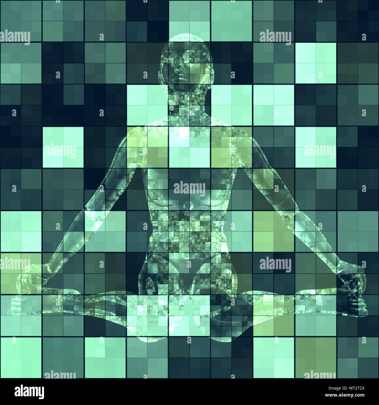 Humanoid robot inside green cube tile texture Stock Photo - Alamy